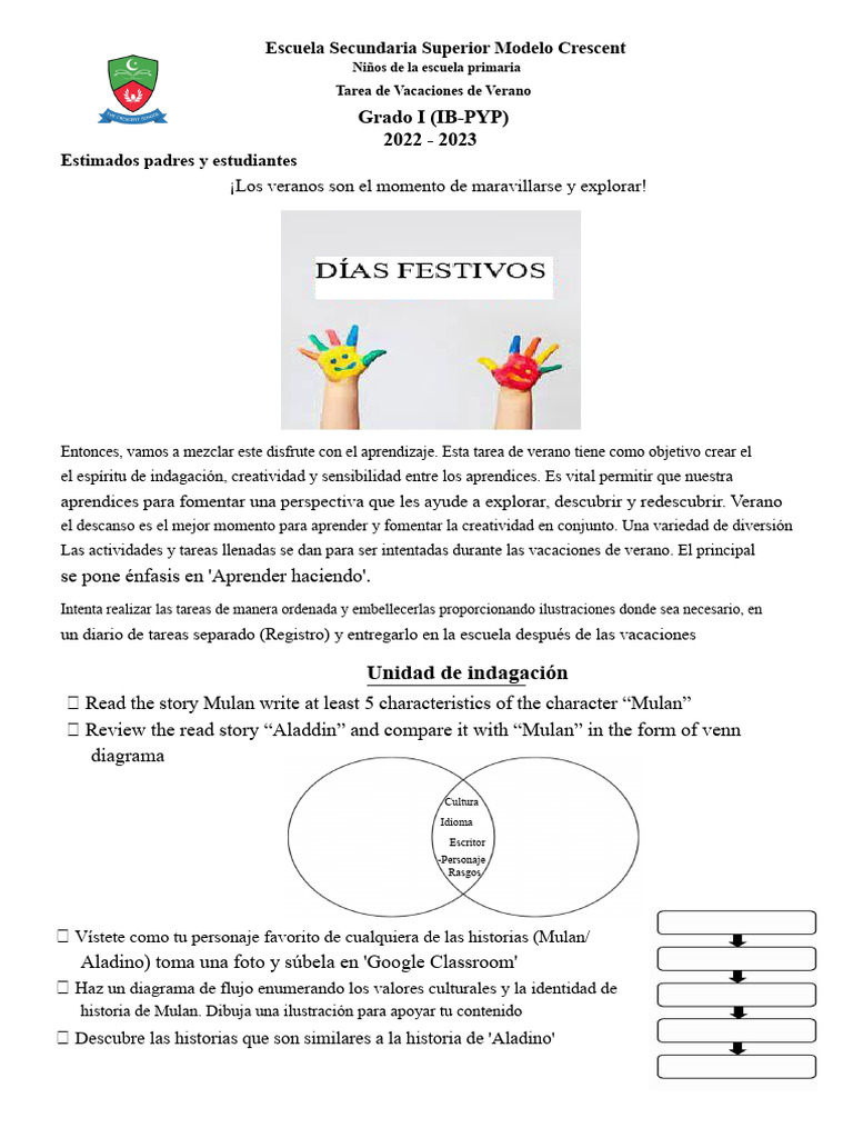Tarea de Vacaciones de Verano Grado I IB | PDF | Escuelas