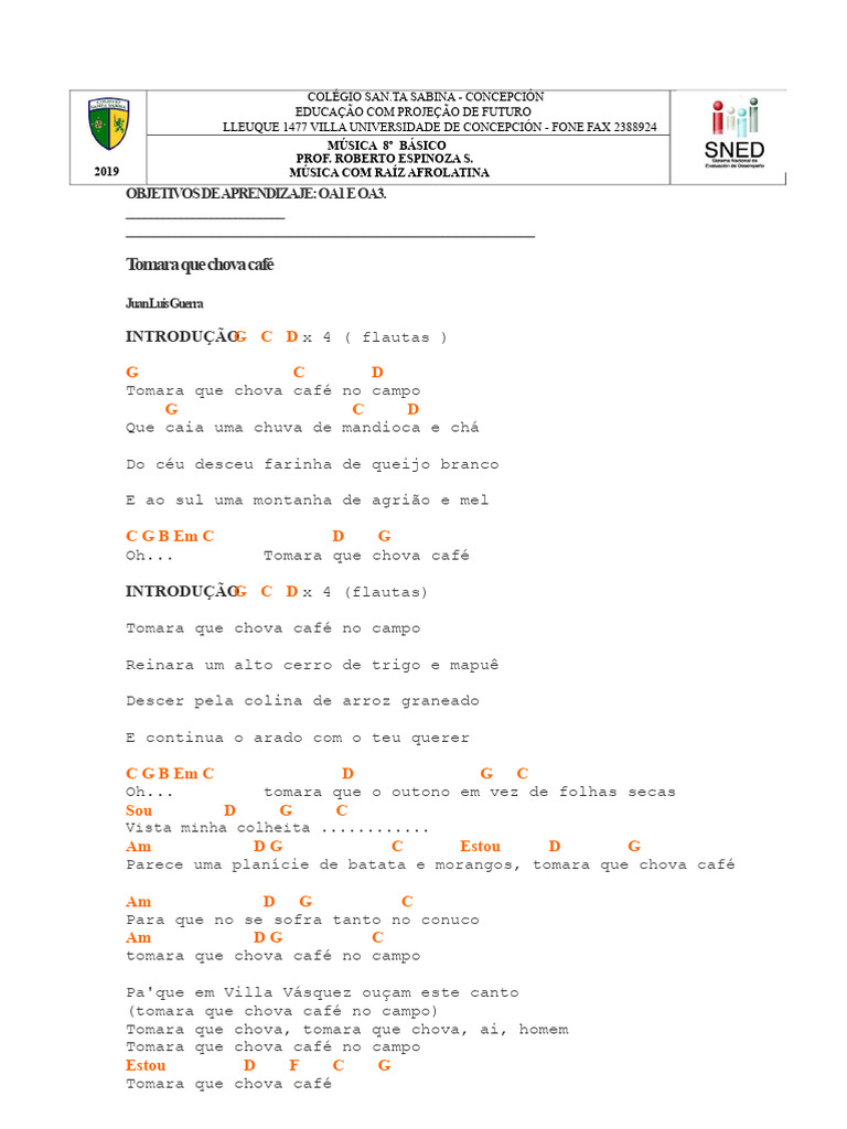 Guia Canção Ojalá Que Llueva Café 8º Ano. | PDF