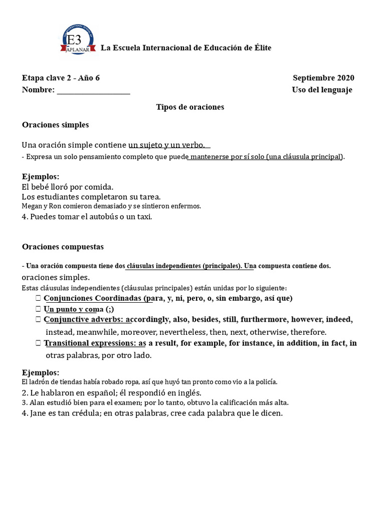 Tipos de Oraciones: Simples, Compuestas y Complejas | PDF | Oración ...