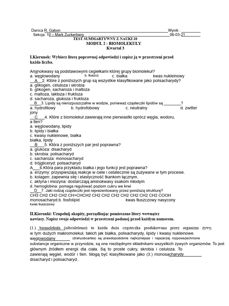 Test Sumacyjny Z Nauk Przyrodniczych 10 - IV Kwartal | PDF