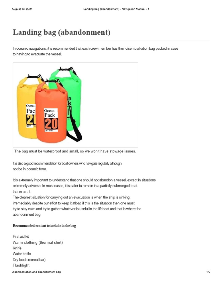 Disembarkation Bag (Abandonment) - Navigation Manual - 1 | PDF