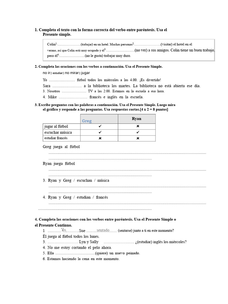 Ficha Presente Simple y Presente Continuo | PDF | Verbo