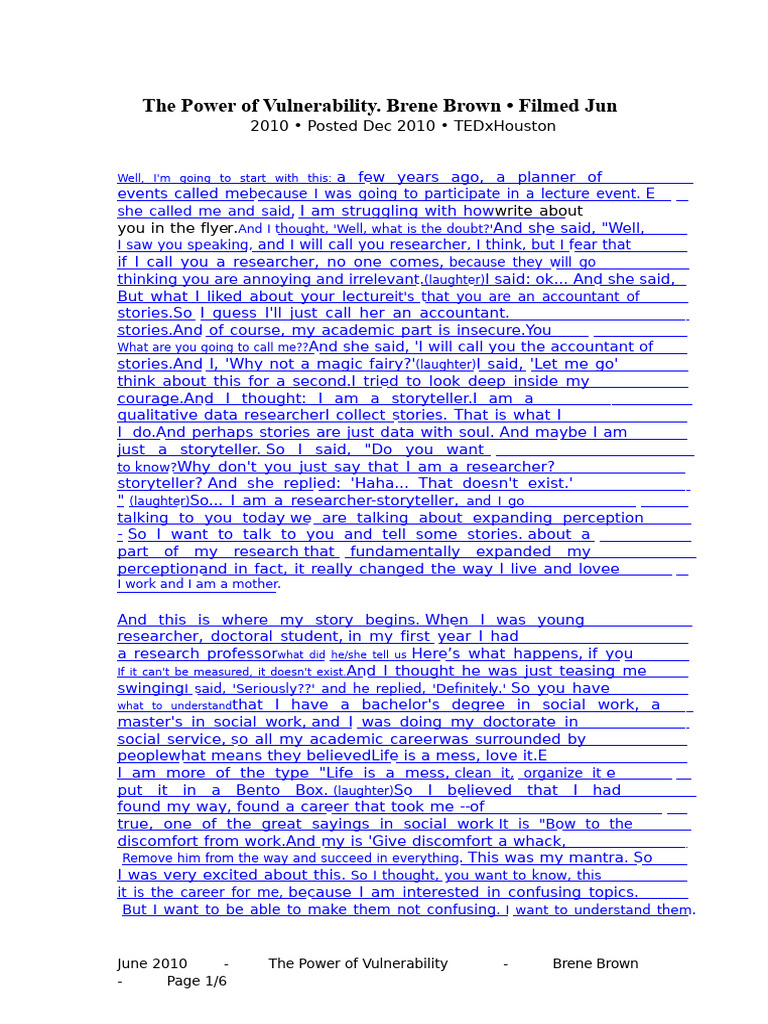 Brene Brown JUN 2010 The Power of Vulnerability | PDF | Laughter ...