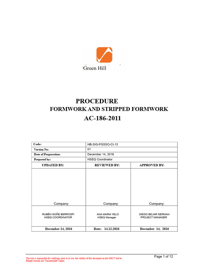 Formwork Safety Procedure Overview | PDF | Personal Protective ...