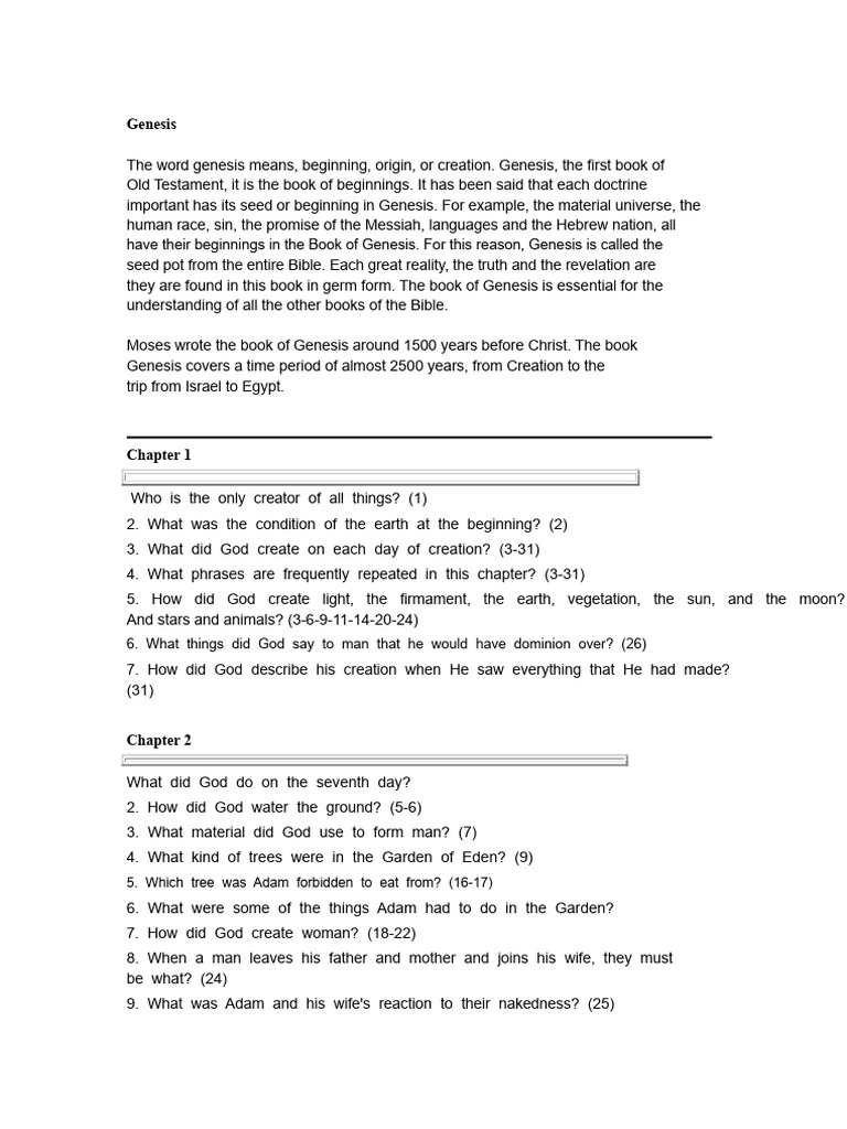 Questions From The Book of Genesis. Chapter 1 - To 22 | PDF | Book Of ...