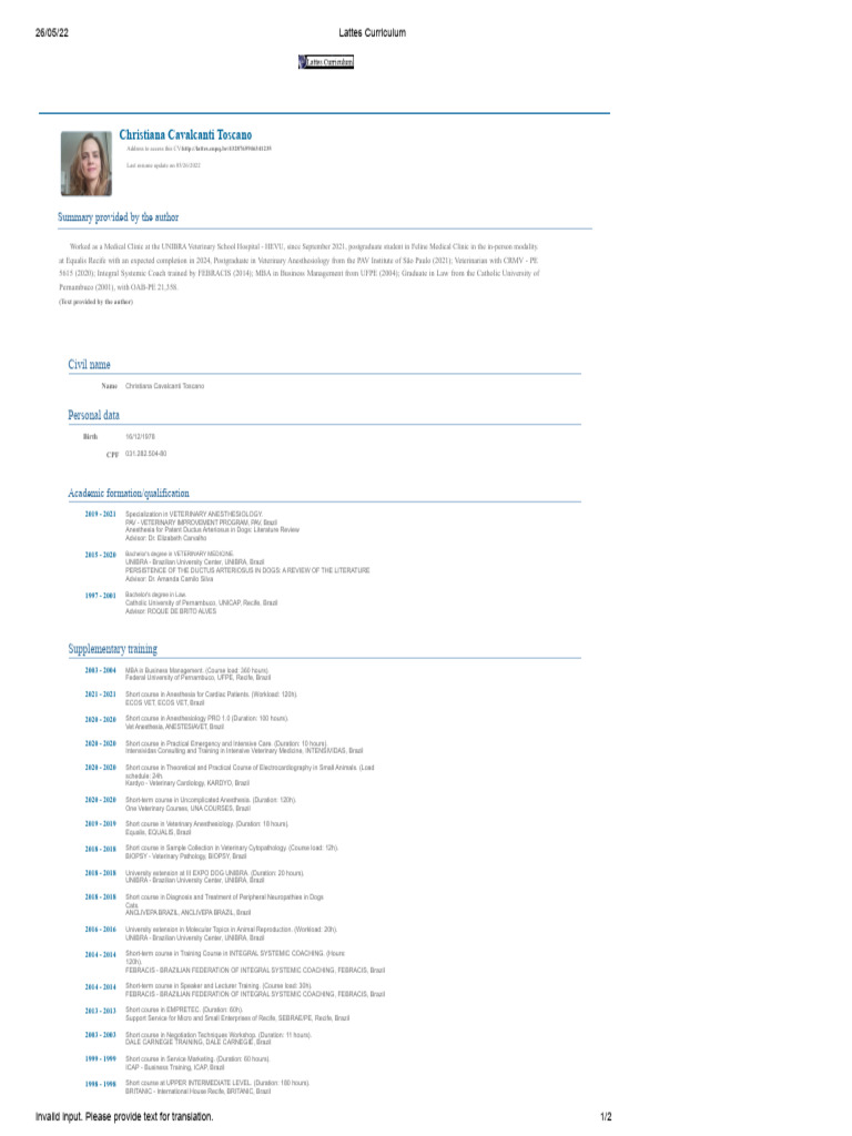 Lattes CV 2022 Chris Toscano | PDF | Veterinary Medicine | Health Care