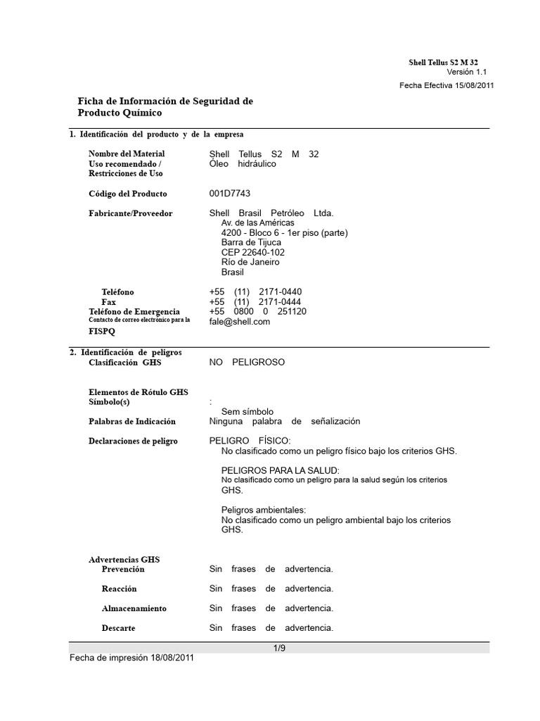 Ficha de Seguridad Shell Tellus S2 M 32 | PDF | Guante | Agua