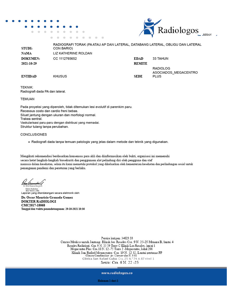 Radiografi Dada Normal Tanpa Lesi | PDF