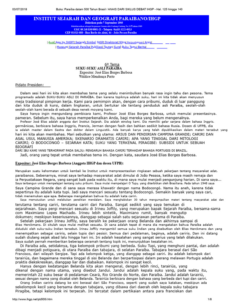 Buku - Paraíba Dalam 500 Tahun Brasil - Catatan Siklus Debat Ihgp - Hal. 125 Hingga 140 | PDF