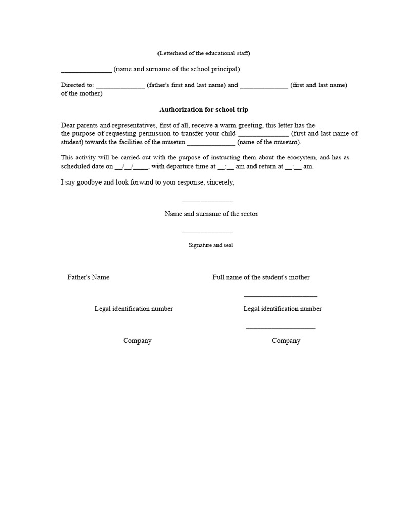 Template For School Exit Authorization Letter For Museum Visit | PDF