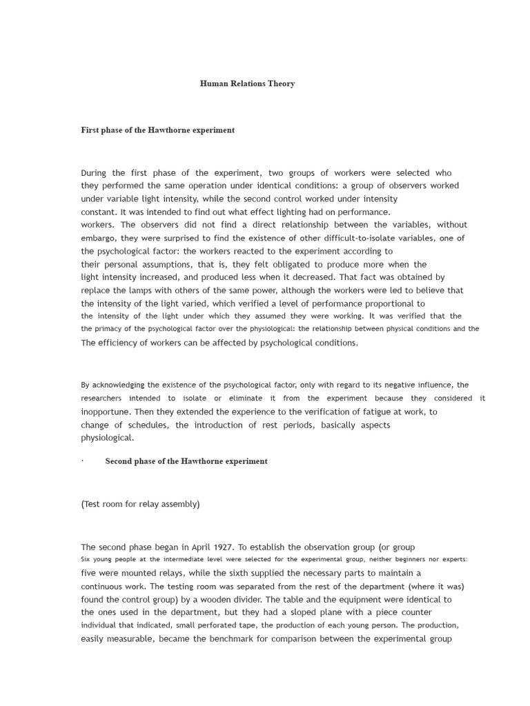 Hawthorne Experiment: Four Phases Explained | PDF | Psychology ...