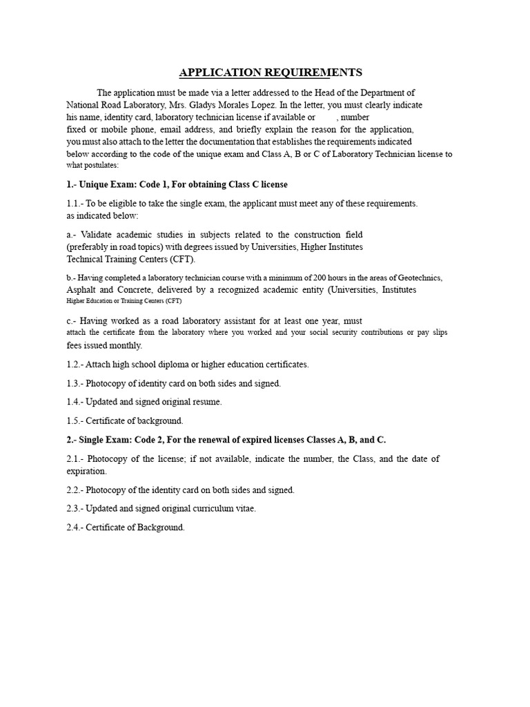 Requirements Application Exam Laboratory Technicians Road | PDF ...
