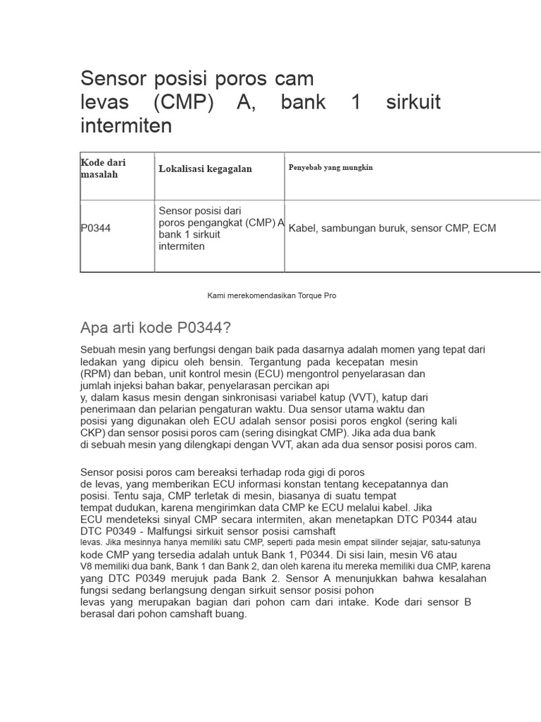 Sensor Posisi Poros Kam (CMP) A, Sirkuit Bank 1 Intermiten P0344 | PDF