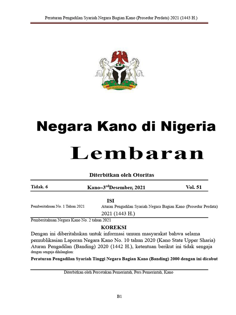 Peraturan Prosedur Perdata Pengadilan Syariah Negara Bagian Kano 2021 | PDF