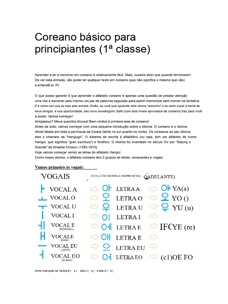 Aprenda Hangul: Coreano para Iniciantes | PDF | Coreano (idioma) | Vogal