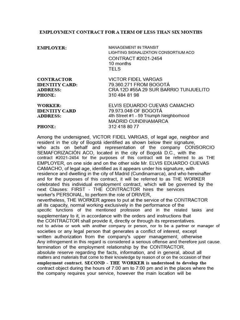Employment Contract For A Term of Less Than Six Months | PDF ...