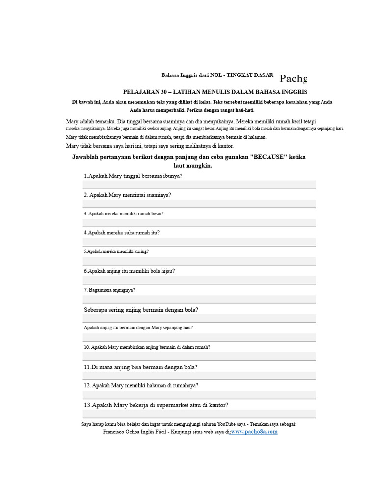 Pelajaran 30 - Latihan Menulis Dalam Bahasa Inggris | PDF