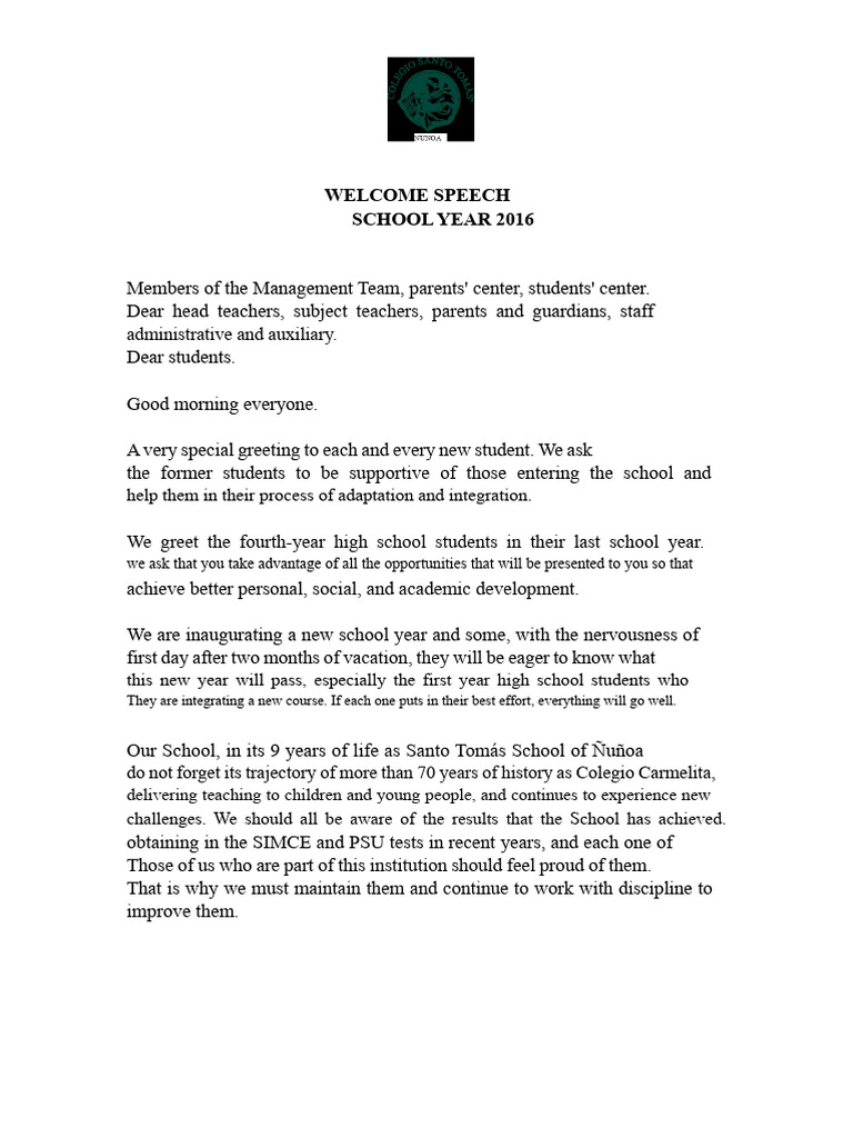 2016 Welcome Speech for Santo Tomás School | PDF | Teachers | Behavior ...