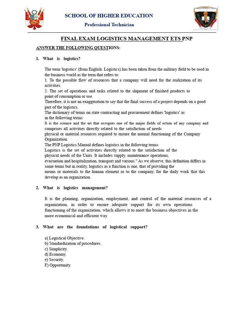 Questions and Answers Final Exam Logistics Management | PDF | Logistics ...