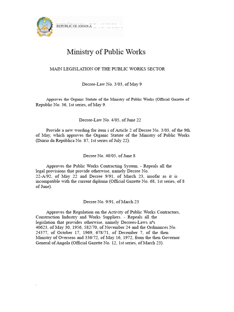 MAIN LEGISLATION OF THE PUBLIC WORKS SECTOR (Angola) | PDF | Decree ...