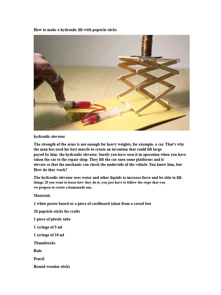 Build a Hydraulic Lift with Popsicle Sticks | PDF | Lift (Force) | Syringe