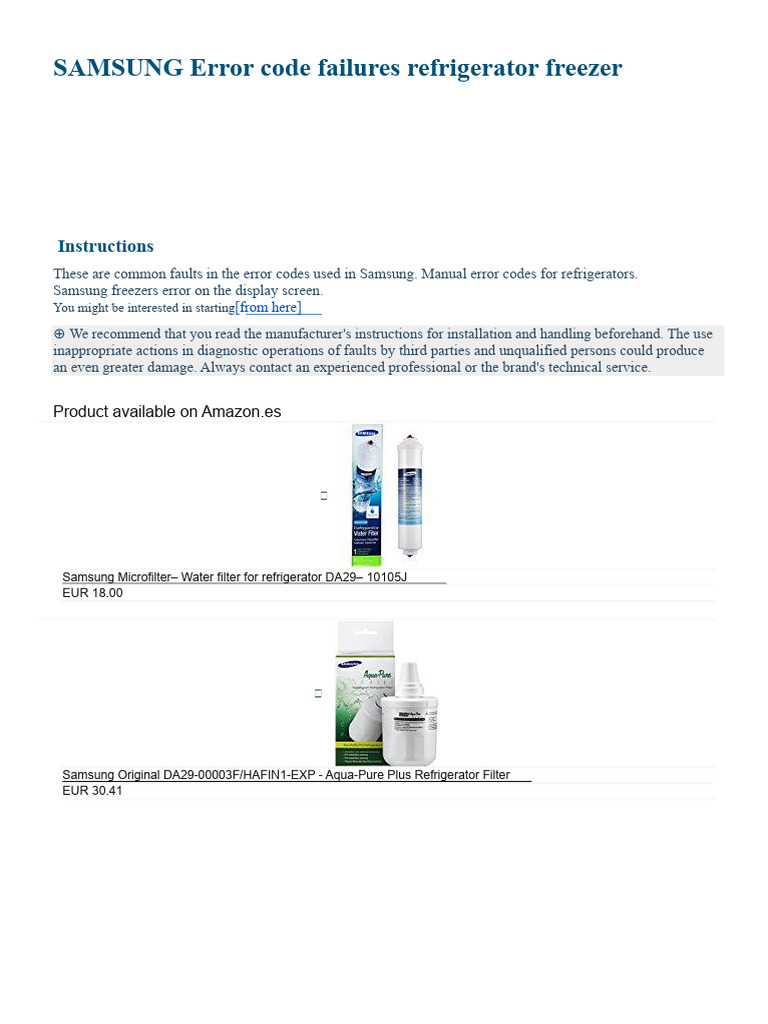 SAMSUNG Error Code Failures Refrigerators Freezer | PDF | Refrigerator ...