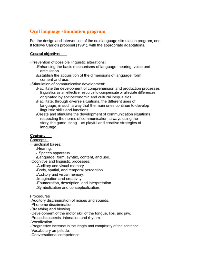 Oral Language Stimulation Program | PDF | Linguistics | Learning
