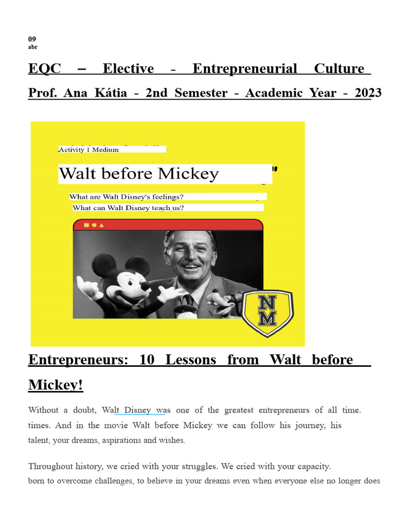 Lessons for Entrepreneurs from Walt Disney | PDF | Entrepreneurship ...