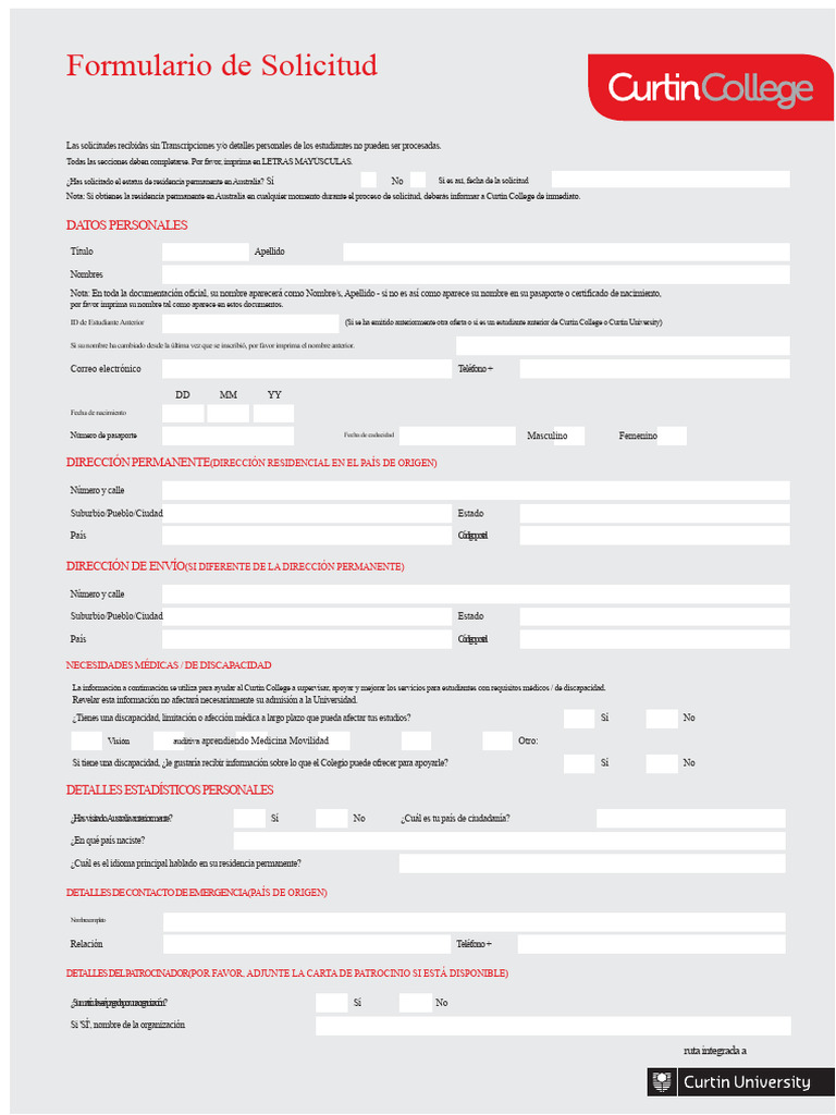 Formulario de Solicitud Internacional de Curtin College | PDF | Sistema ...