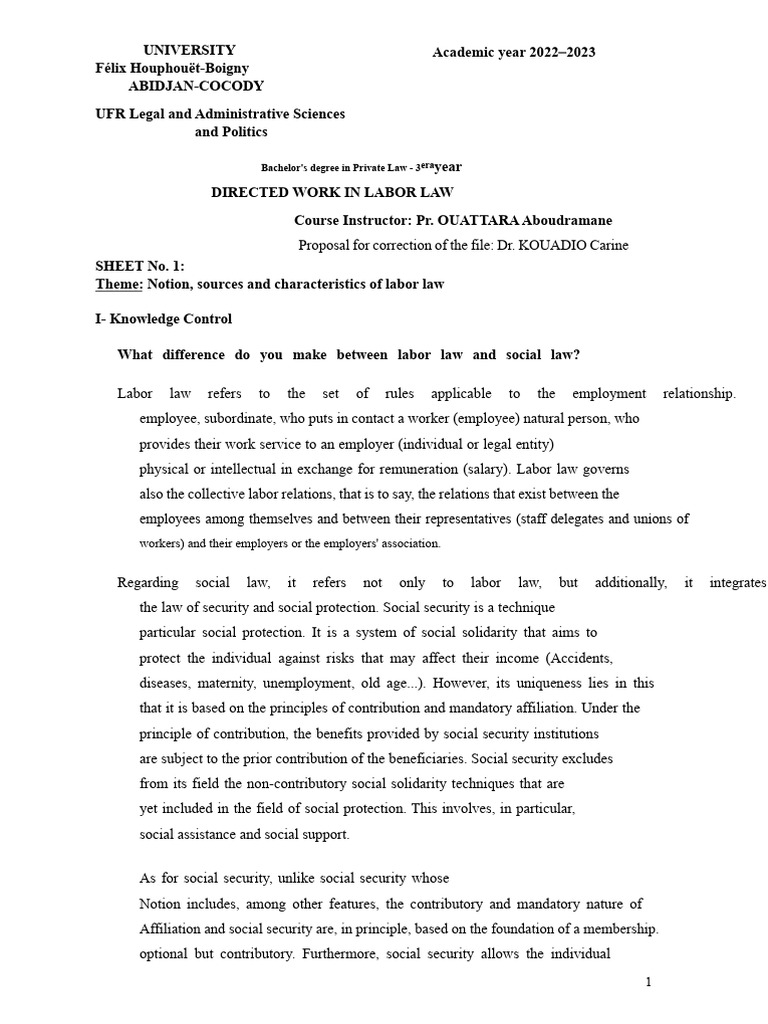 Correction Sheet of TD 1 - LABOR LAW Kdio Carine | PDF | Labour Law ...
