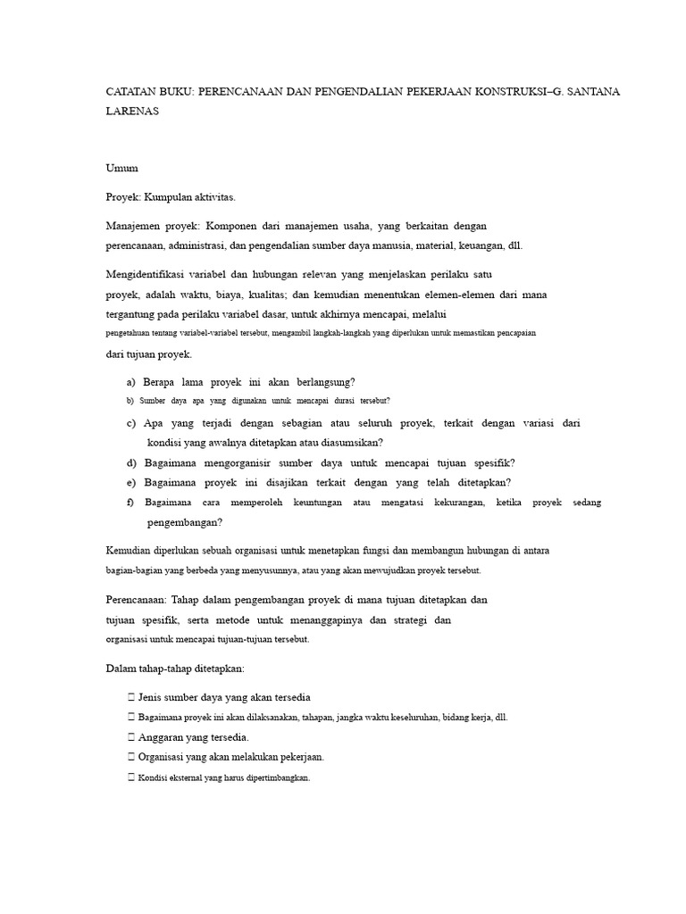 Catatan Buku Perencanaan Dan Pengendalian Proyek Konstruksi | PDF