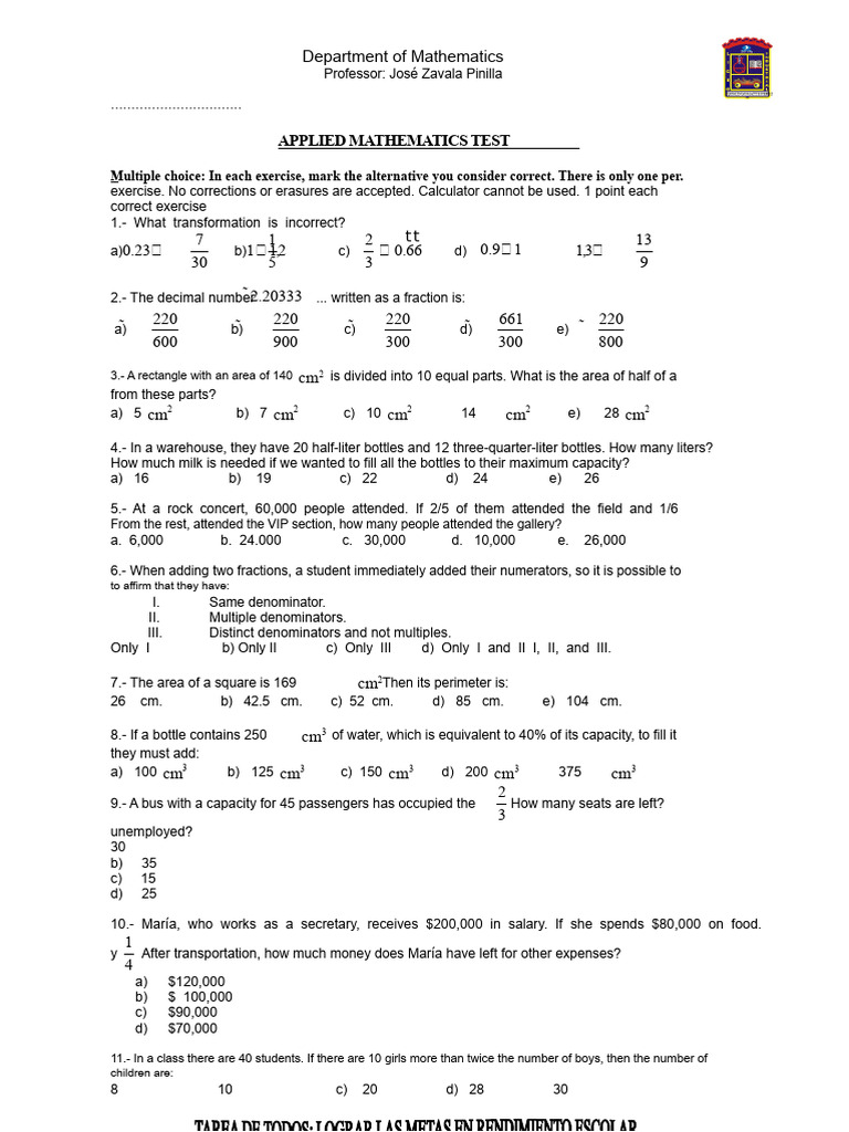 Applied Mathematics Test Questions | PDF | Multiple Choice | Mathematics