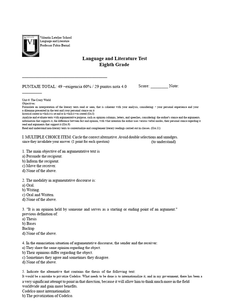 Test Eight - Unit 6 Argumentation | PDF | Multiple Choice