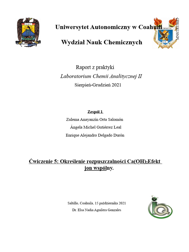 Ćwiczenie 5: Określenie Rozpuszczalności Ca (OH) 2. Efekt Jonu ...