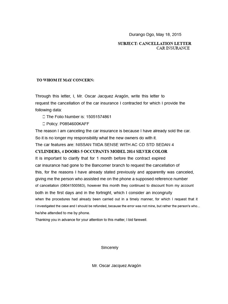 Cancellation Letter For Insurance | PDF