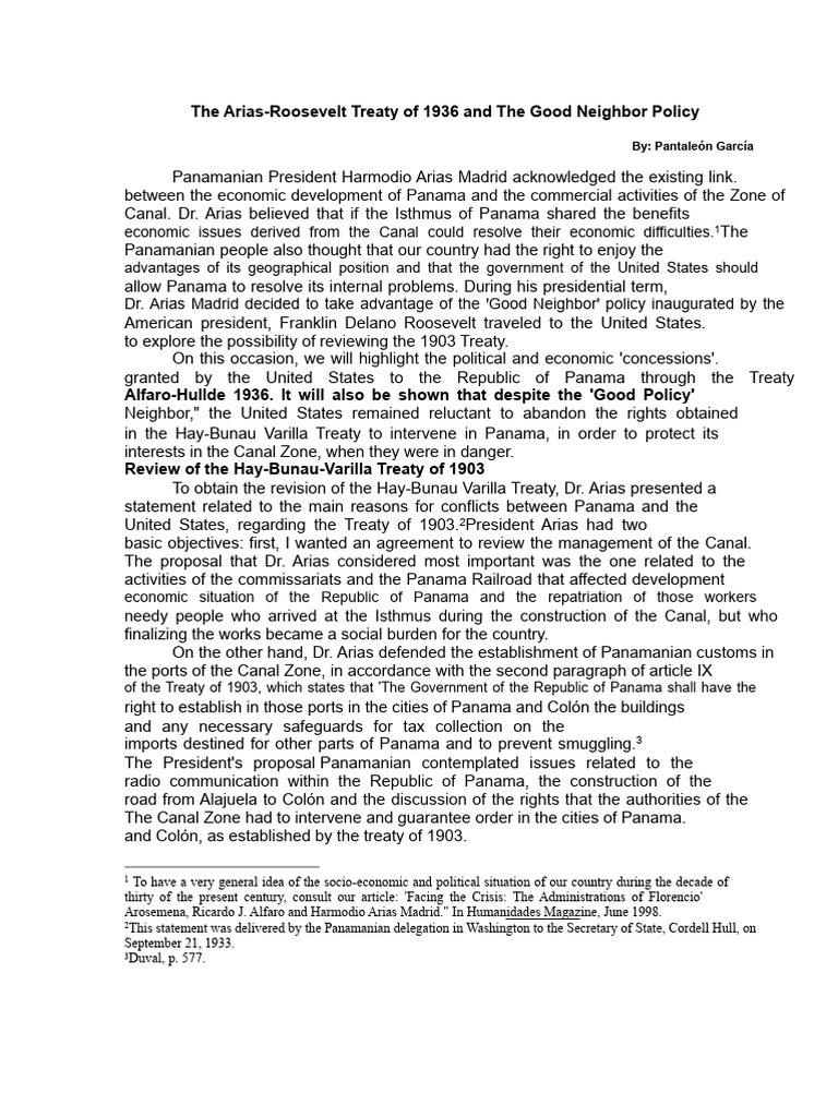 The Arias Roosevelt Treaty of 1936 and The Good Neighbor Policy ...