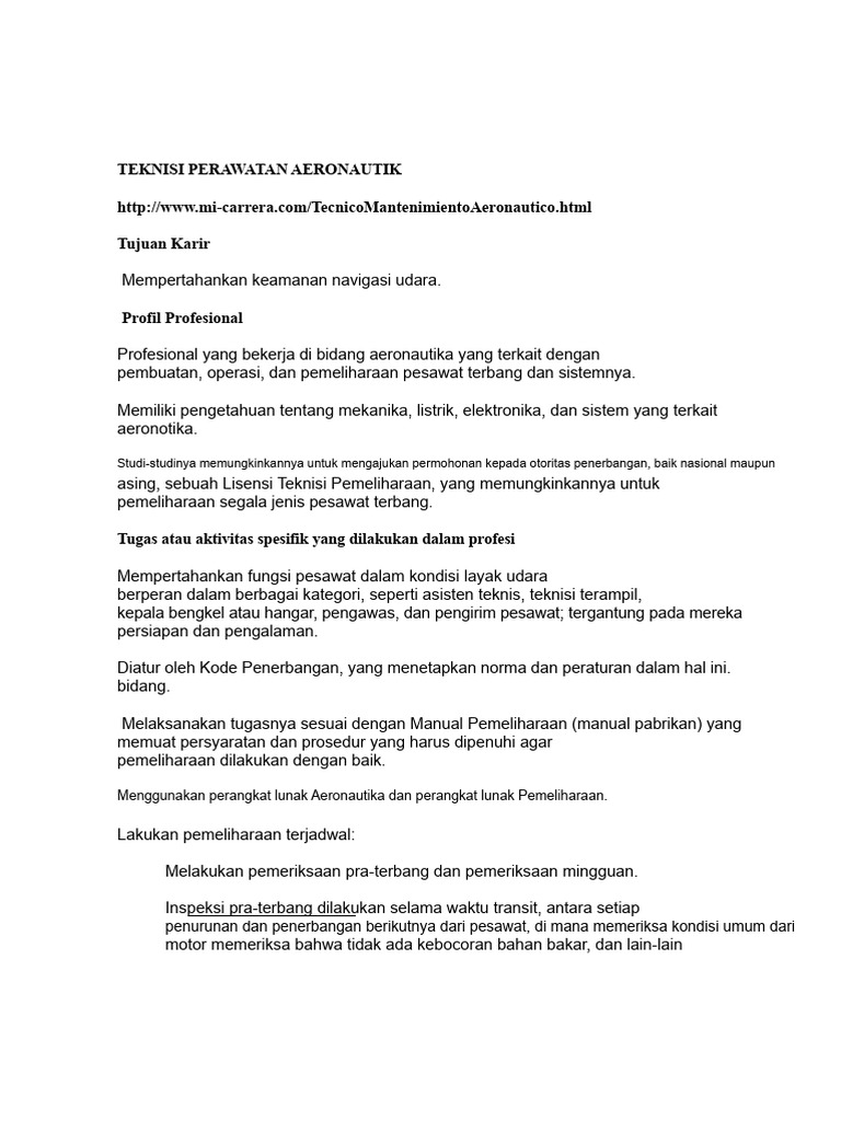 Profil Teknis Pemeliharaan Aeronautika | PDF
