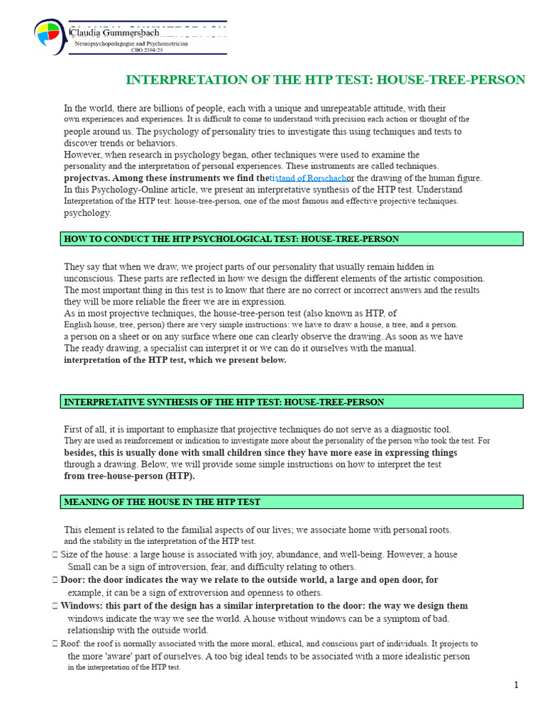 Interpretation of The HTP Test - House-Tree-Person | PDF | Psychology ...