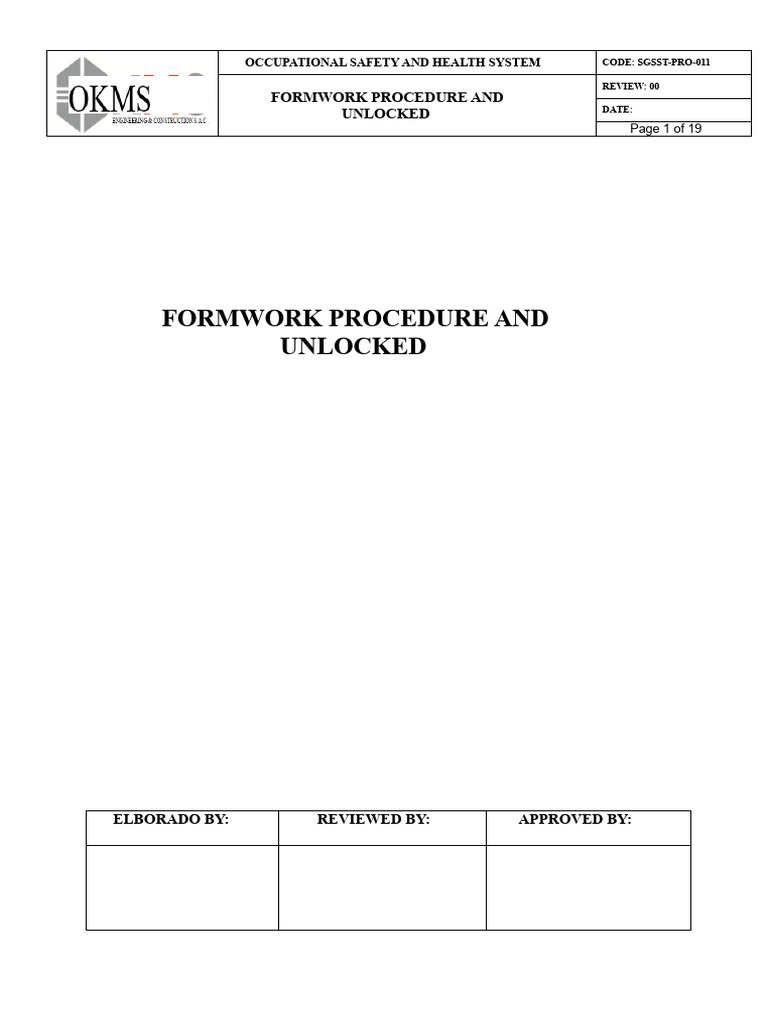 Formwork And Deformwork Procedure Pdf Occupational Safety And
