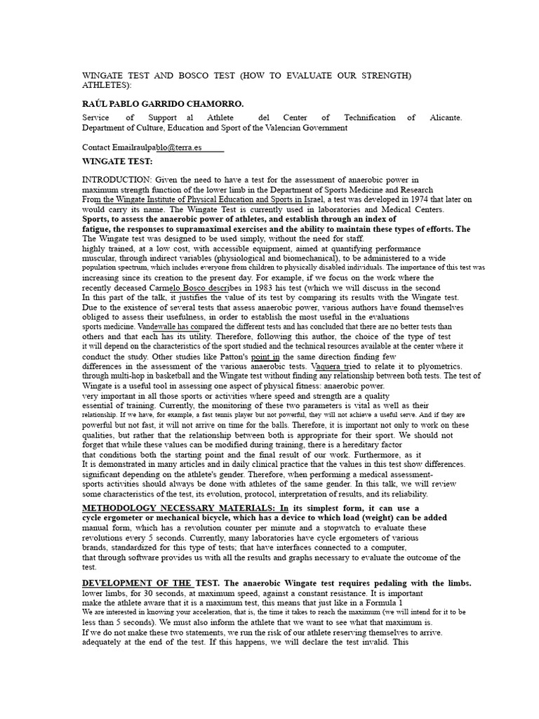 Wingate Test and Bosco Test PDF | PDF | Skeletal Muscle | Muscle ...