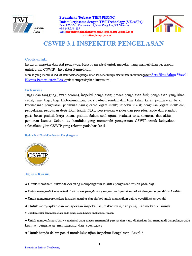 Kursus CSWIP Inspektur Pengelasan TIEN PHONG | PDF