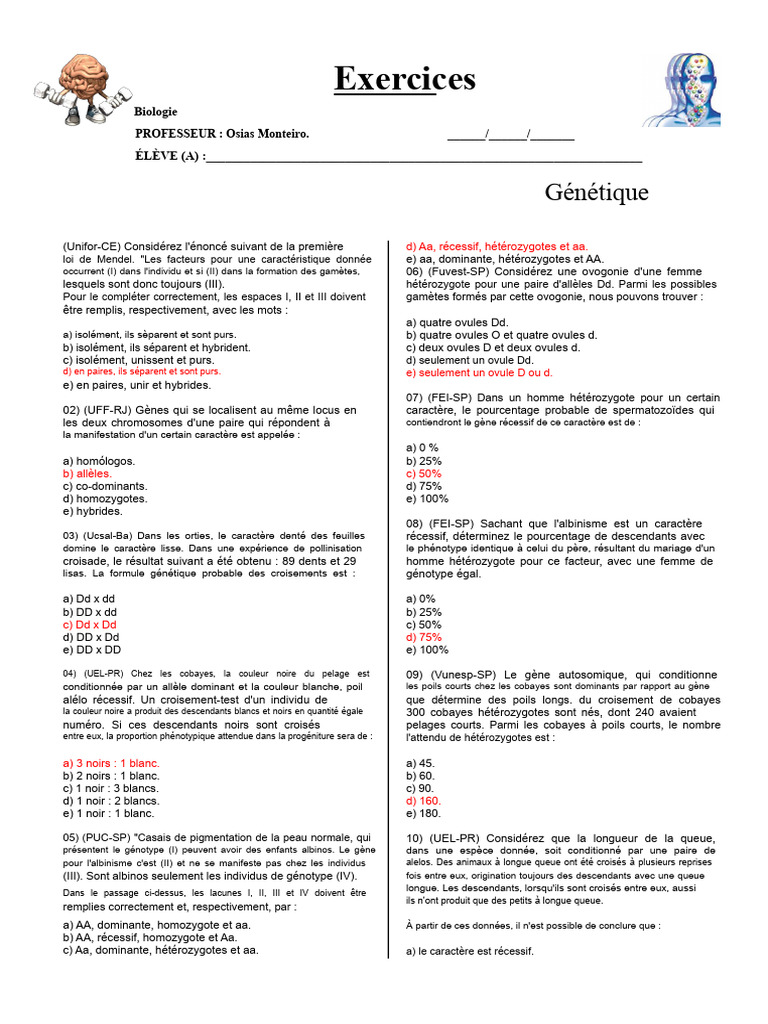 Exercices de Génétique et Mendel | PDF | Dominance (Génétique) | Génétique