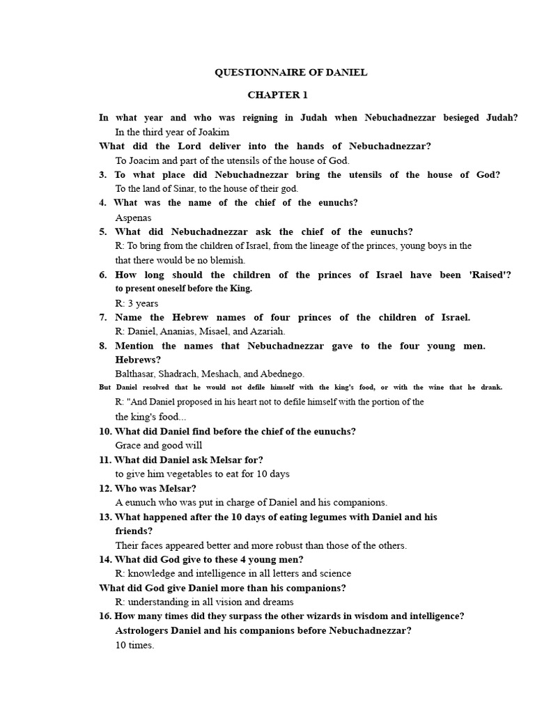 DANIEL'S QUESTIONNAIRE - Corrected | PDF | Shadrach, Meshach, And ...