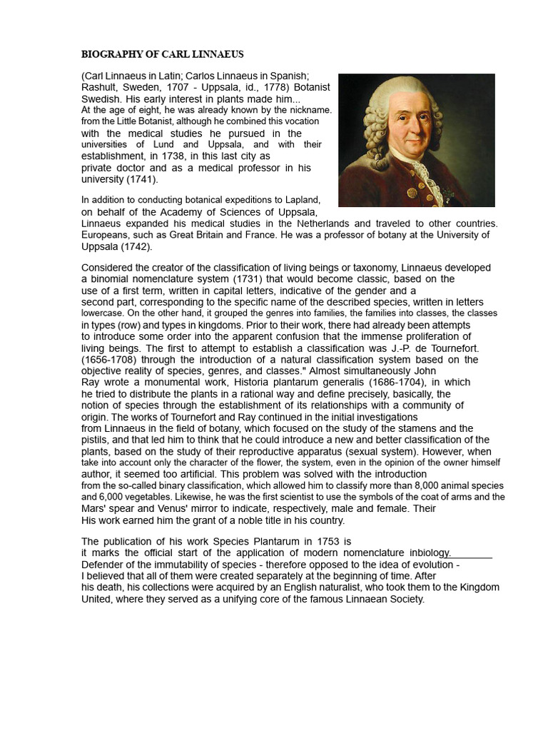 Biography of Carl Linnaeus | PDF | Botany | Biology