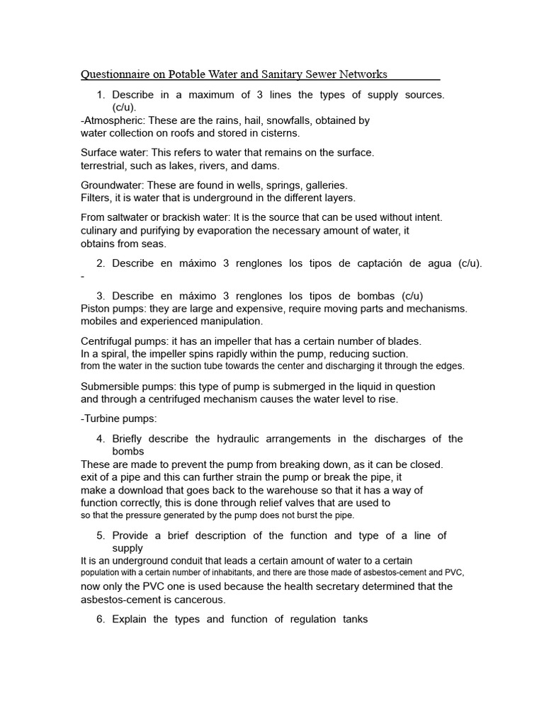Questionnaire On Potable Water and Sanitary Sewer Networks | PDF | Pump ...