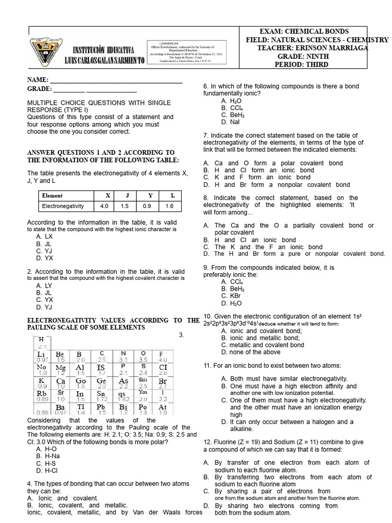 Chemistry Exam 10-Chemical Bonds-3p-2019 | PDF | Ionic Bonding ...