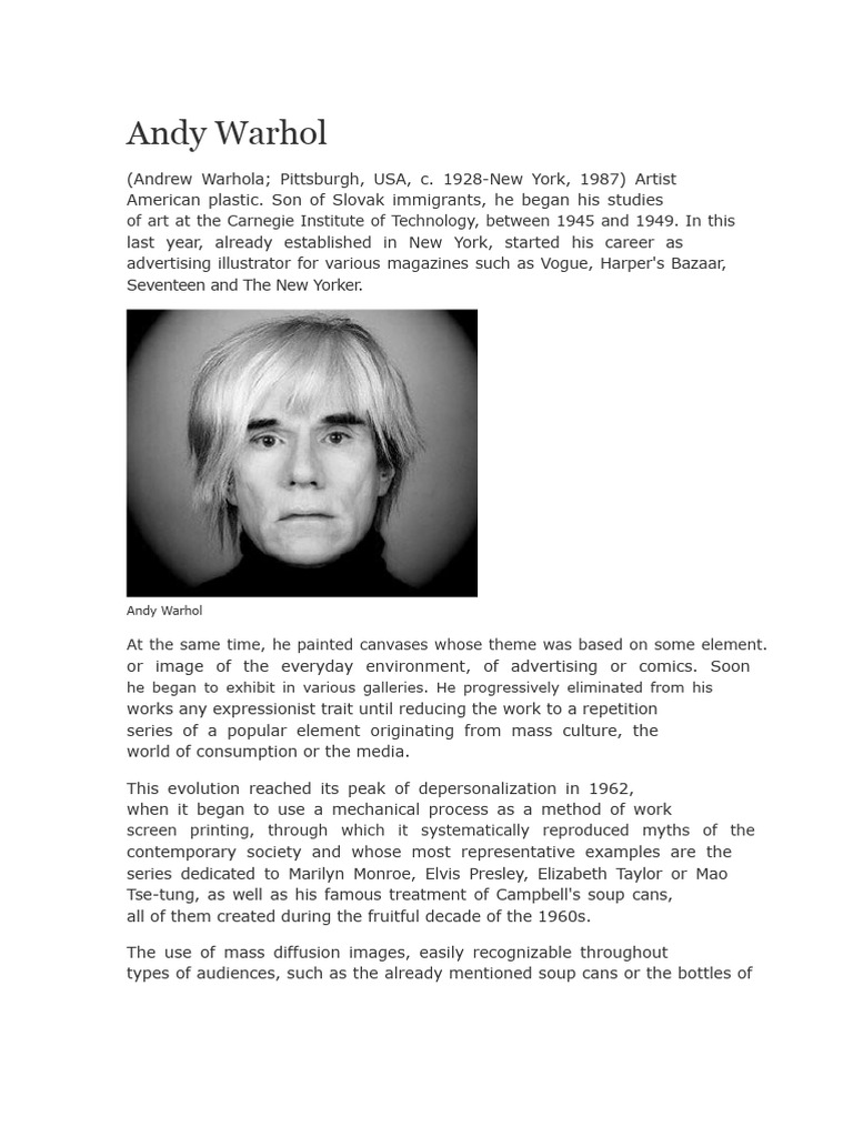 Biography of Andy Warhol | PDF | Andy Warhol | The Arts