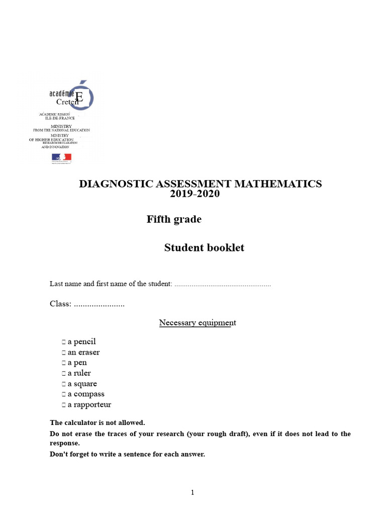 Diagnostic Assessment 5th Grade Mathematics | PDF | Campsite