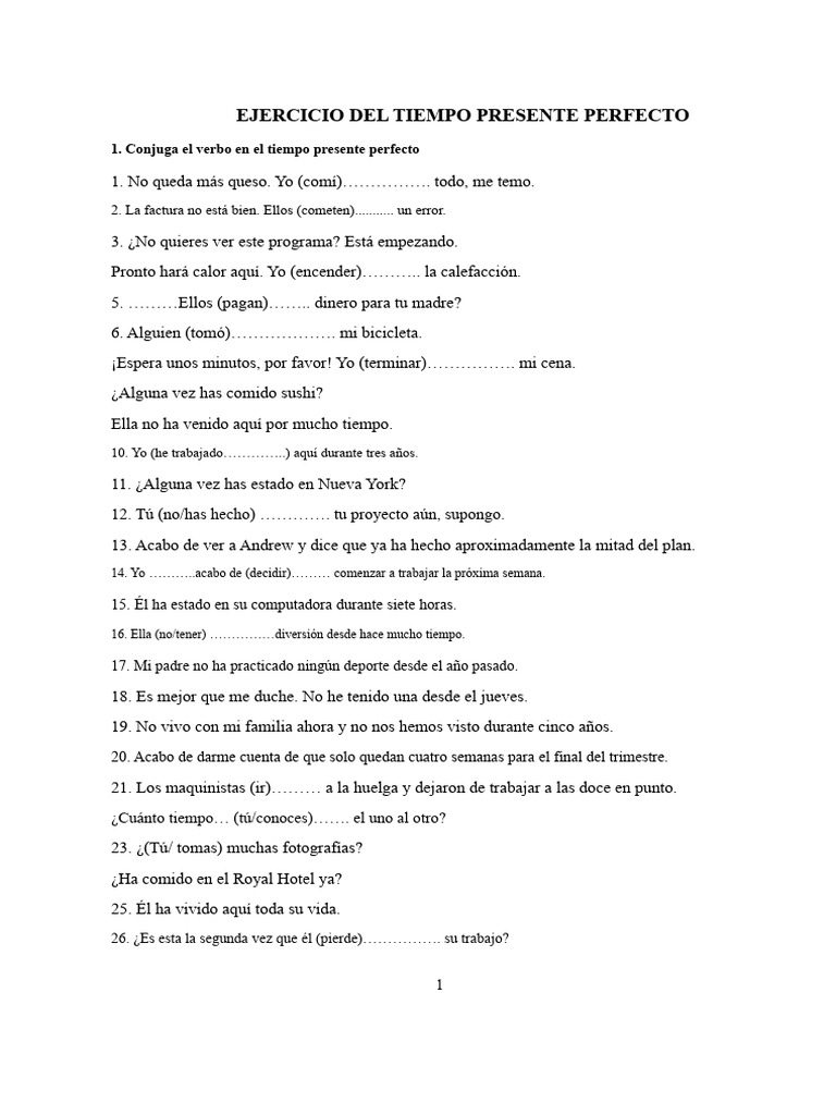 Ejercicio de Tiempo Presente Perfecto | PDF | Verbo