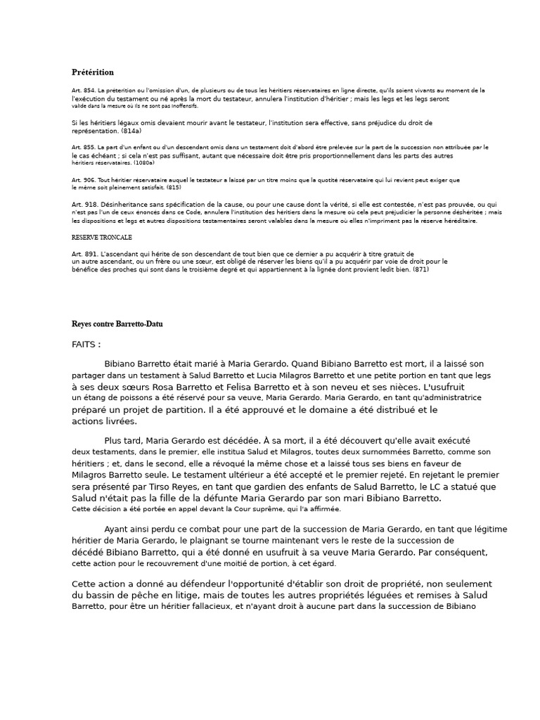 Prétérition et héritage : enjeux juridiques | PDF | Loi | Droit des biens